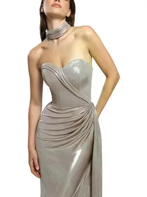 CRISTALLINI Angelina Draped Strapless Maxi Dress - Silver