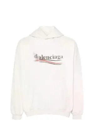 Balenciaga Logo Print Cotton Hoodie - Neutrals