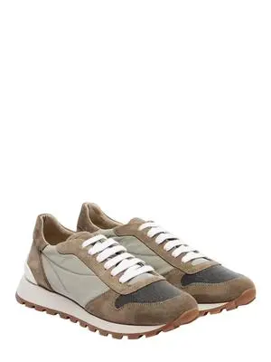 Brunello Cucinelli Monili Suede And Fabric Lace-up Sneakers - Green