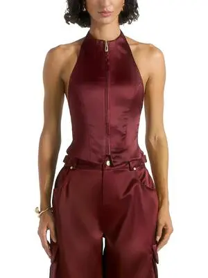Manière De Voir Claudette Halterneck Backless Satin Corset Top - Red
