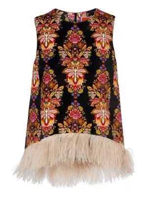 La DoubleJ La Scala' Feather-trimmed Printed Cotton Top - Multicoloured