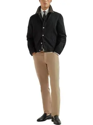 Brunello Cucinelli Garment-dyed Cotton Jacket With Leather Collar - Black