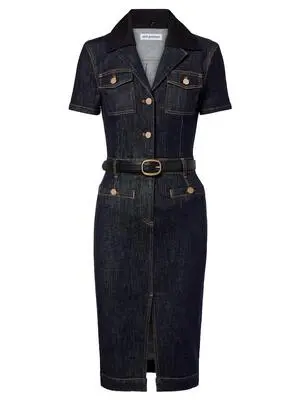 SELF-PORTRAIT Belted Denim Midi Dress - Blue