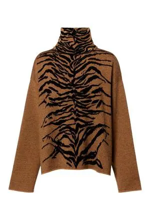 Alaïa Jacquard Turtleneck Sweater With Tiger Print - Brown