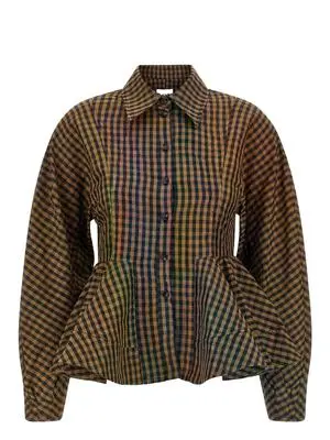 GANNI Crinkled Check Print Peplum Shirt - Neutrals