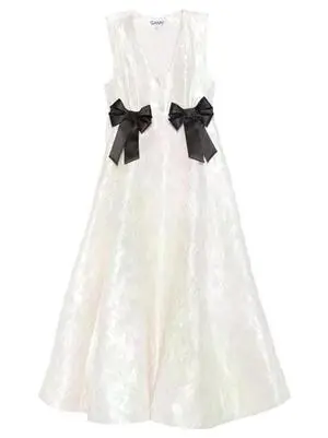 GANNI Satin Cloqué Midi Dress With Removable Bows - Neutrals