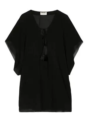 Saint Laurent Lace-up Semi-sheer Kaftan - Black