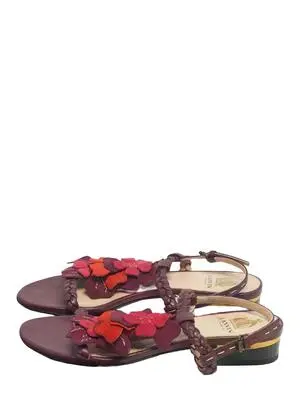 LANVIN Burgundy Floral Detail Braided Strap Sandals - Red
