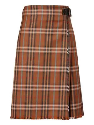 Burberry Check Wool Midi Skirt With Buckled Fastening - Brown