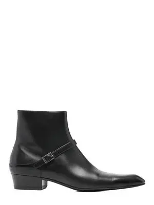 Saint Laurent Leather Buckle Detail Ankle Boots - Black