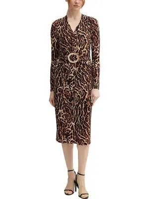 Joseph Ribkoff Leopard Print V-neck Belted Midi Dress - Brown