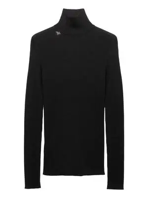 Prada Ribbed Knit Wool Turtleneck With Enamelled Triangle Logo - Black
