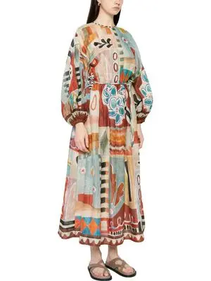 ALEMAIS Patchwork Tie-belt Midi Dress - Red