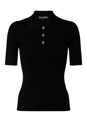 Dolce & Gabbana Embellished Ribbed-knit Polo Shirt - Black