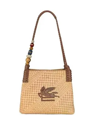 Etro Small Raffia Tote Bag With Embroidered Pegaso Logo - Neutrals
