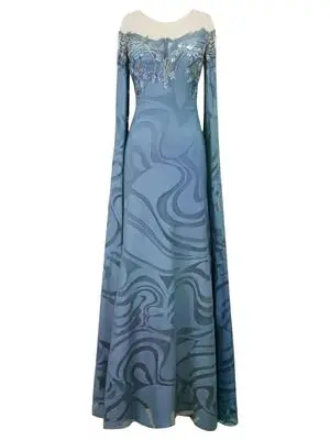 GEMY MAALOUF Cape-sleeve Floor-length Gown - Blue