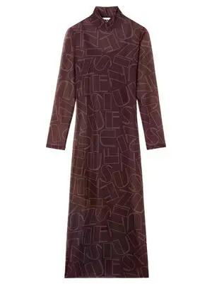 Sunnei Long Sleeve Sheer Midi Dress With Logo Pattern - Brown