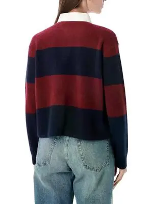 SPORTY & RICH Striped Polo Top With Embroidered Logo - Red
