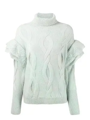 ONEFIFTEEN X Beyond The Radar Cable Knit Jumper With Ruffled Detailing - Green