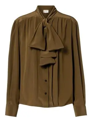 Saint Laurent Silk Crepe De Chine Tie-neck Blouse - Brown