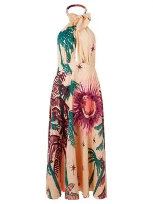 Johanna Ortiz Appliquéd Printed Linen-blend Halterneck Maxi Dress - Neutrals