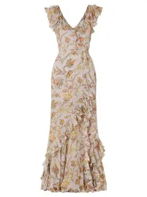 Etro Ruffled Floral-print Silk-blend Midi Dress - Multi