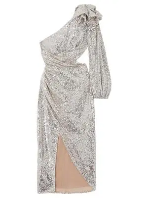PatBO One-shoulder Cut-out Sequined Satin Midi Dress - Silver
