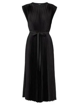 JOSEPH Volta Belted Plissé Satin Midi Dress - Black