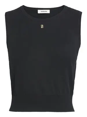 Sandro Sandro Paris Cotton-Blend Ribbed Tank Top With Gold-Tone Logo Embellishment Black