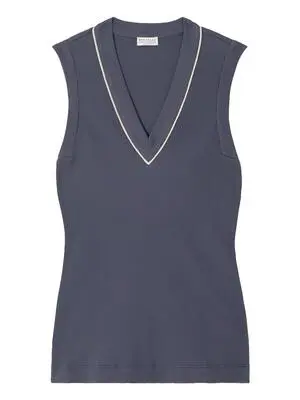 Brunello Cucinelli Ribbed Cotton-blend Tank With Monili Bead Embellishment - Blue