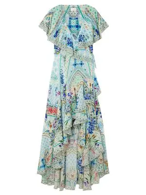 Camilla Asymmetric Crystal-embellished Silk Maxi Wrap Dress - Blue