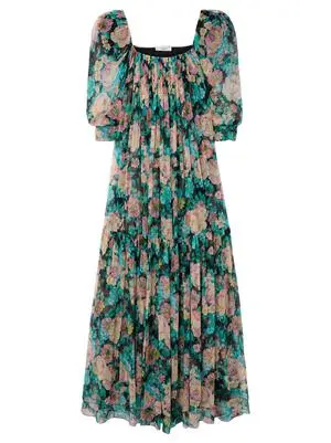 Chloé Gathered Floral-print Silk-muslin Maxi Dress - Blue