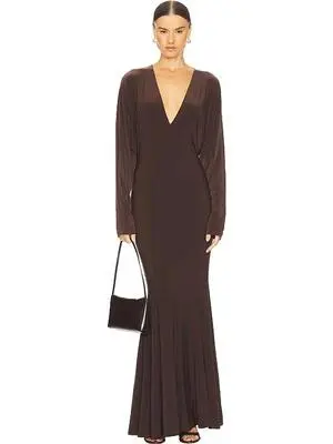Norma Kamali X Revolve Dolman V Neck Fishtail Gown - Chocolate