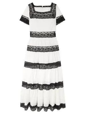 Loretta Caponi Tiered Lace-trimmed Cotton-poplin Midi Dress - White