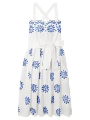 Loretta Caponi Belted Scalloped Broderie Anglaise Cotton Midi Dress - White