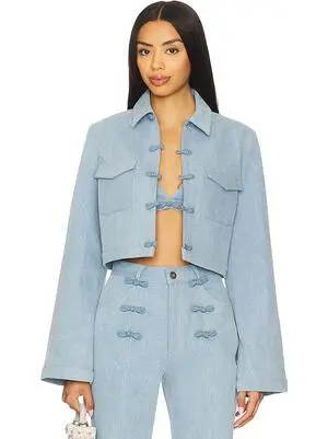 SAU LEE Cropped Denim Jacket With Mandarin Closures - Blue