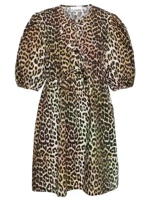 GANNI Leopard Printed Cotton Mini Dress - Brown