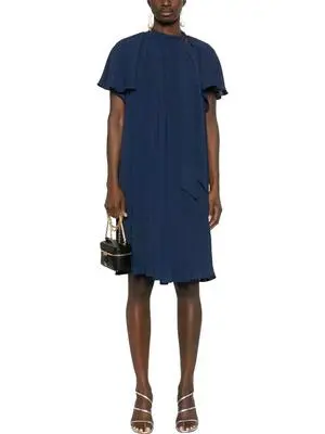 NISSA Pleated Midi Dress With Front Tie Detail - Blue