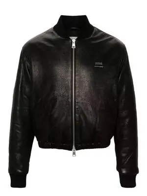 AMI Paris Logo-plaque Leather Bomber Jacket - Black