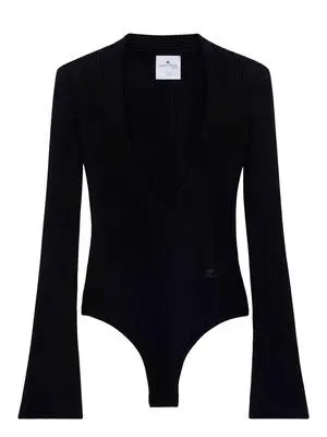COURREGES Ribbed Knit Bodysuit With Appliqué Logo - Black