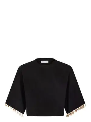 Rabanne Knitted Cropped T-shirt With Tassel Detail - Black