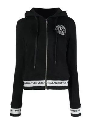 Versace Logo Embroidered Zip-up Hoodie - Black