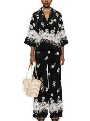 P.a.r.o.s.h Floral Print Button-up Shirt With Handkerchief Hem - Black