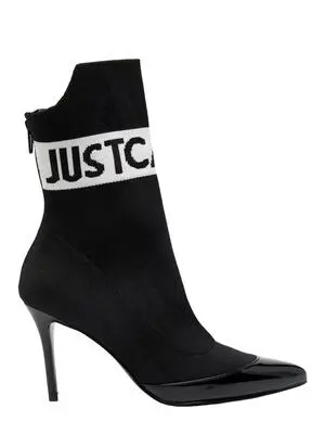 Just Cavalli Faux Leather And Ribbed Knit Intarsia Logo Stiletto Ankle Boots - Black