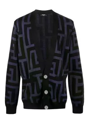Balmain Monogram-print V-neck Cardigan - Blue