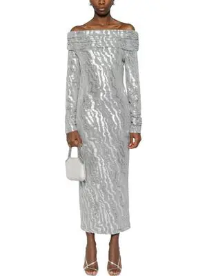 ROTATE BY BIRGER CHRISTENSEN Sequinned Off-the-shoulder Midi Dress - Grey