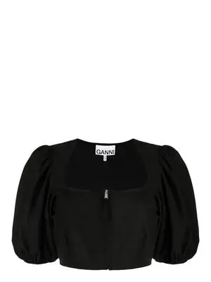 GANNI Cropped Puff-sleeve Blouse With Square Neck - Black