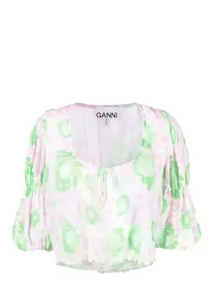 GANNI Floral-print Pleated Georgette Blouse - Pink