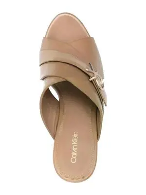 Calvin Klein 95mm High Block Heel Logo Plaque Sandals - Neutrals