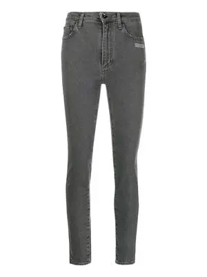 Off-White Slogan Print Cropped Skinny Jeans - Grey